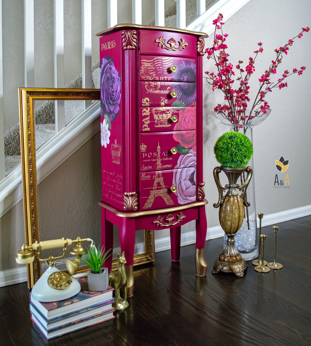 Paris Eiffel Tower Style Jewelry Armoire Floral Jewelry Keepsake ...