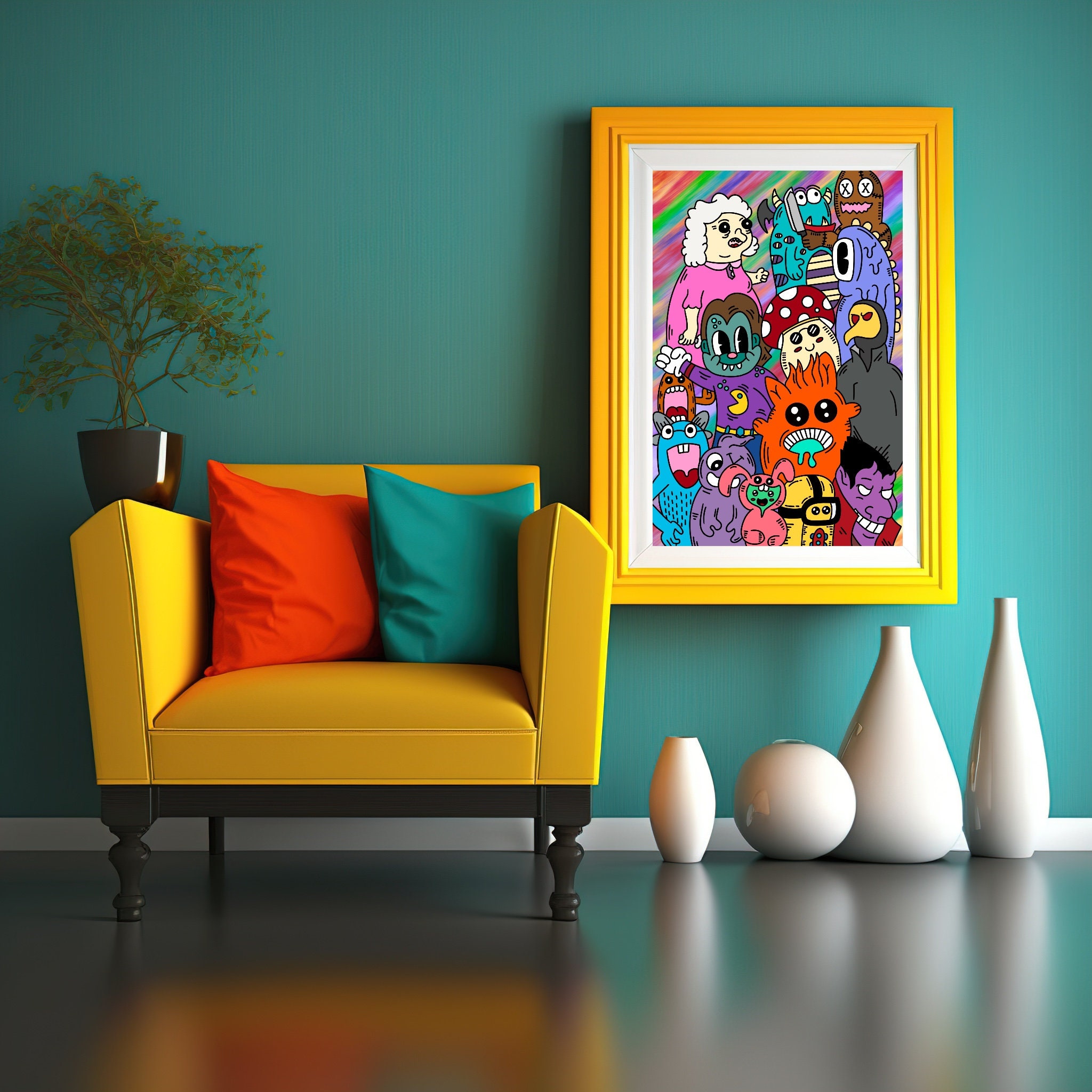 Monster Doodle Art Print, Cartoon Modern Art Print, Preppy Room Decor ...