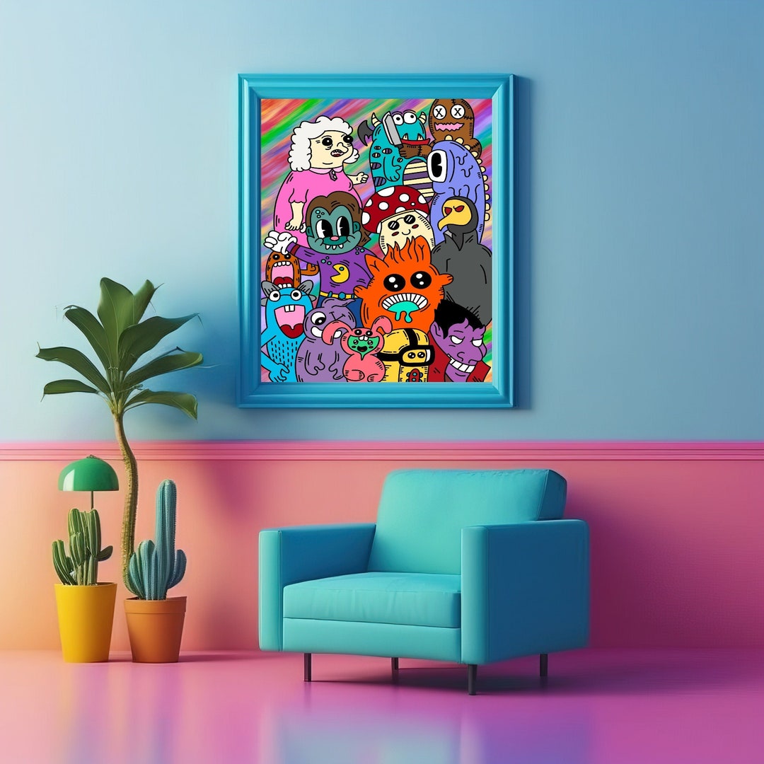 Monster Doodle Art Print, Cartoon Modern Art Print, Preppy Room Decor ...