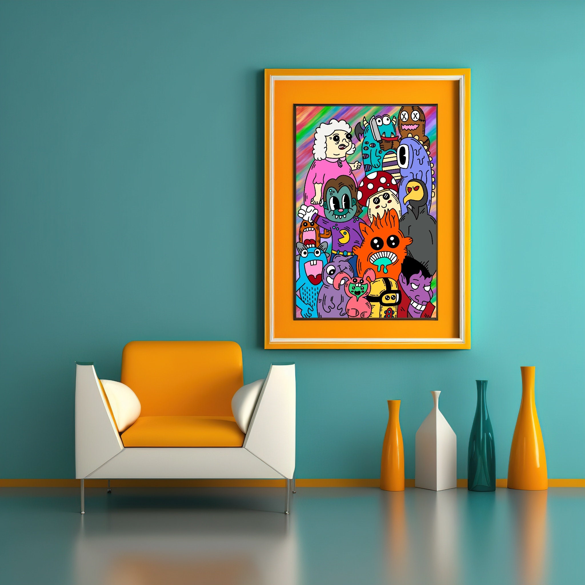 Monster Doodle Art Print, Cartoon Modern Art Print, Preppy Room Decor ...
