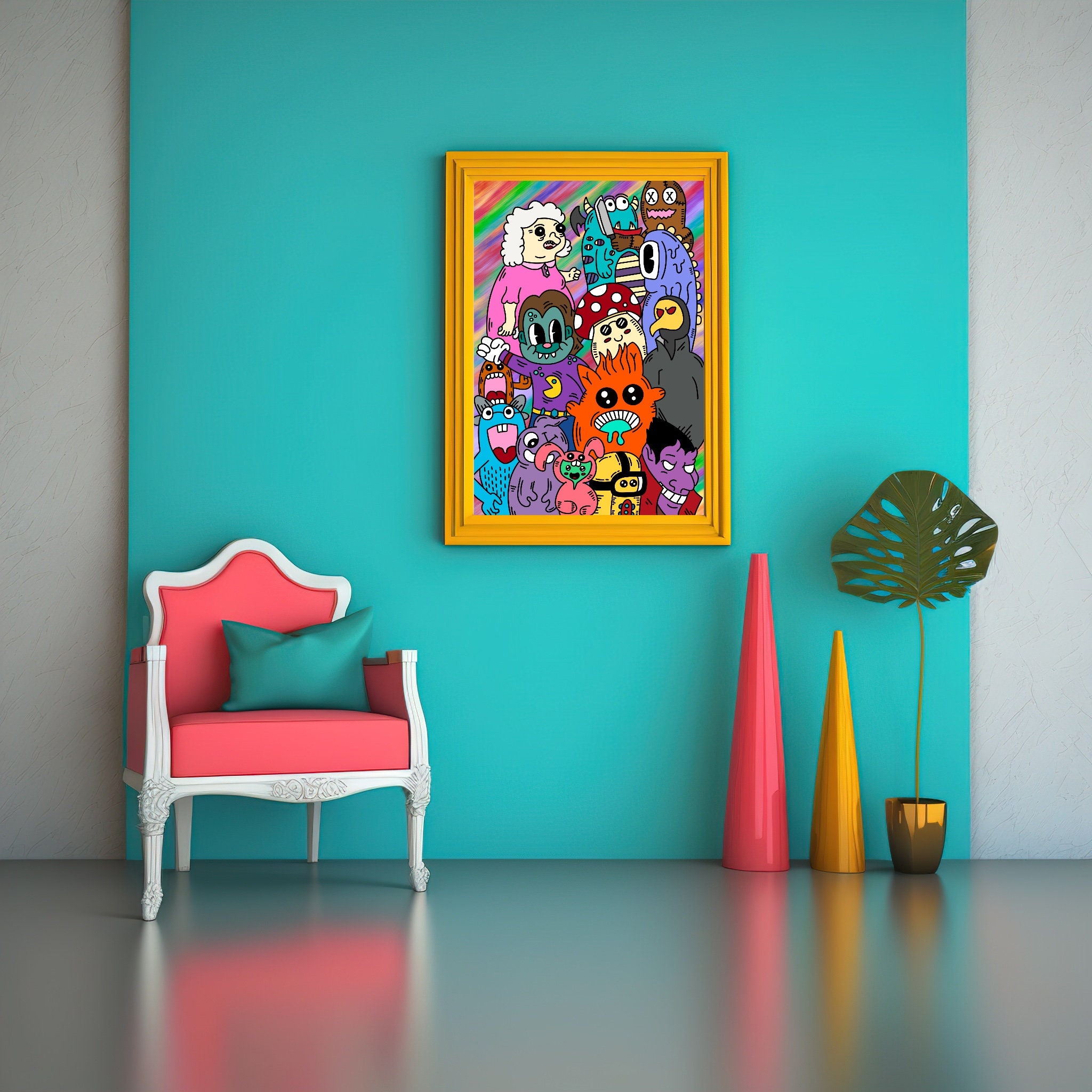 Monster Doodle Art Print, Cartoon Modern Art Print, Preppy Room Decor ...