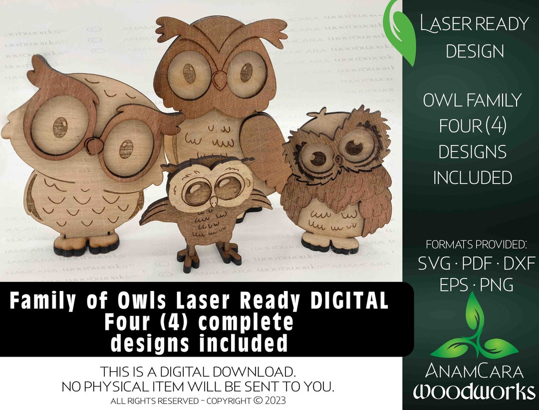 Set of Four (4) Cute Wooden Owls Laser Ready Digital Design | Glowforge ...