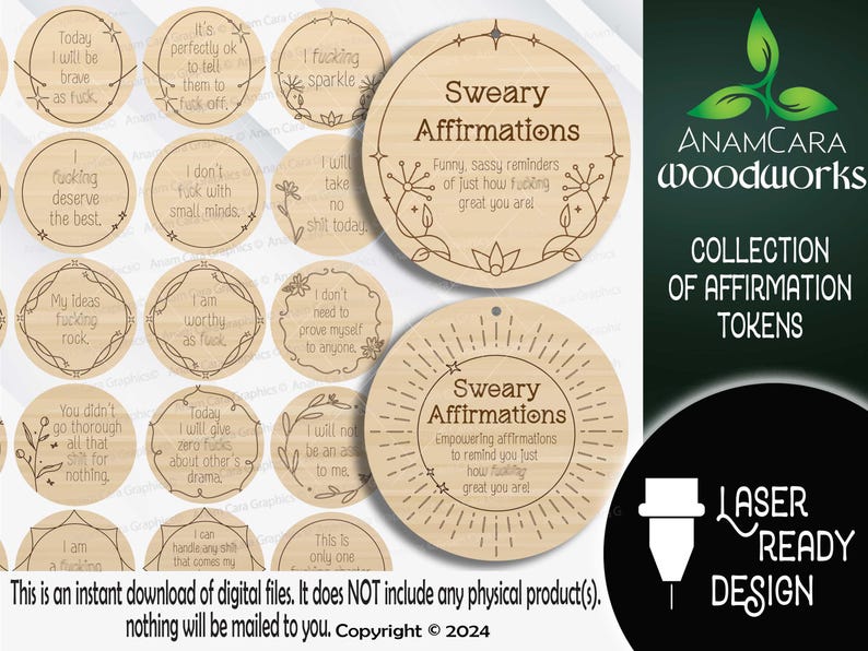 Sweary Affirmations Tokens and (28 Digital Designs Total) Laser Ready ...