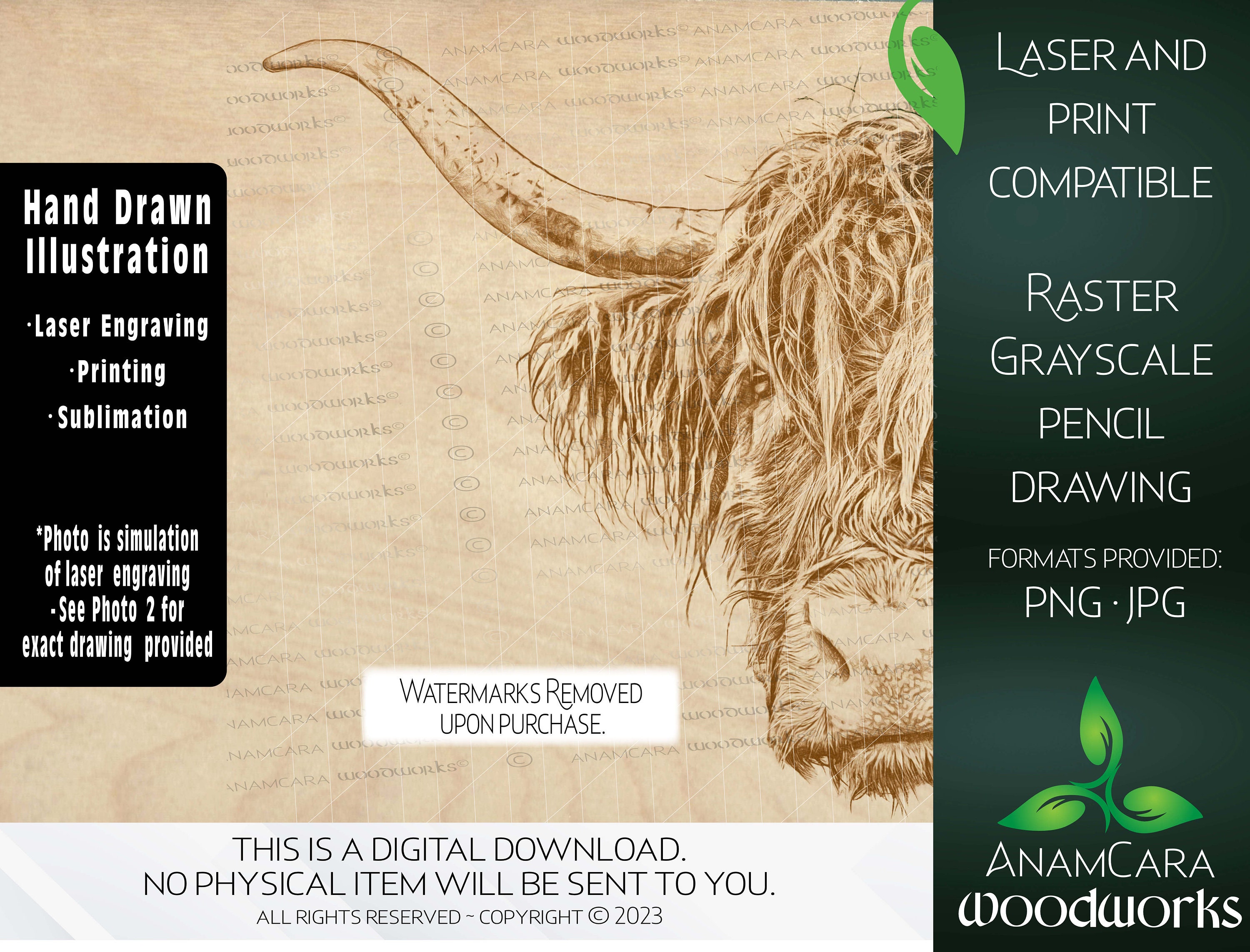 Half Face Highland Cow Peeking Hand Drawn Illustration | Grayscale ...