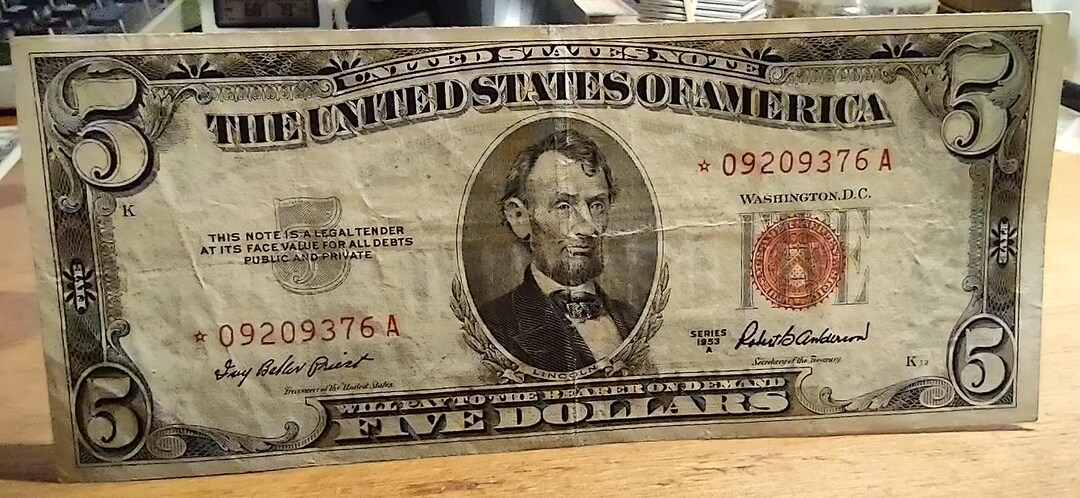 1953 A, Red Seal, 5 Dollar STAR Note. - Etsy