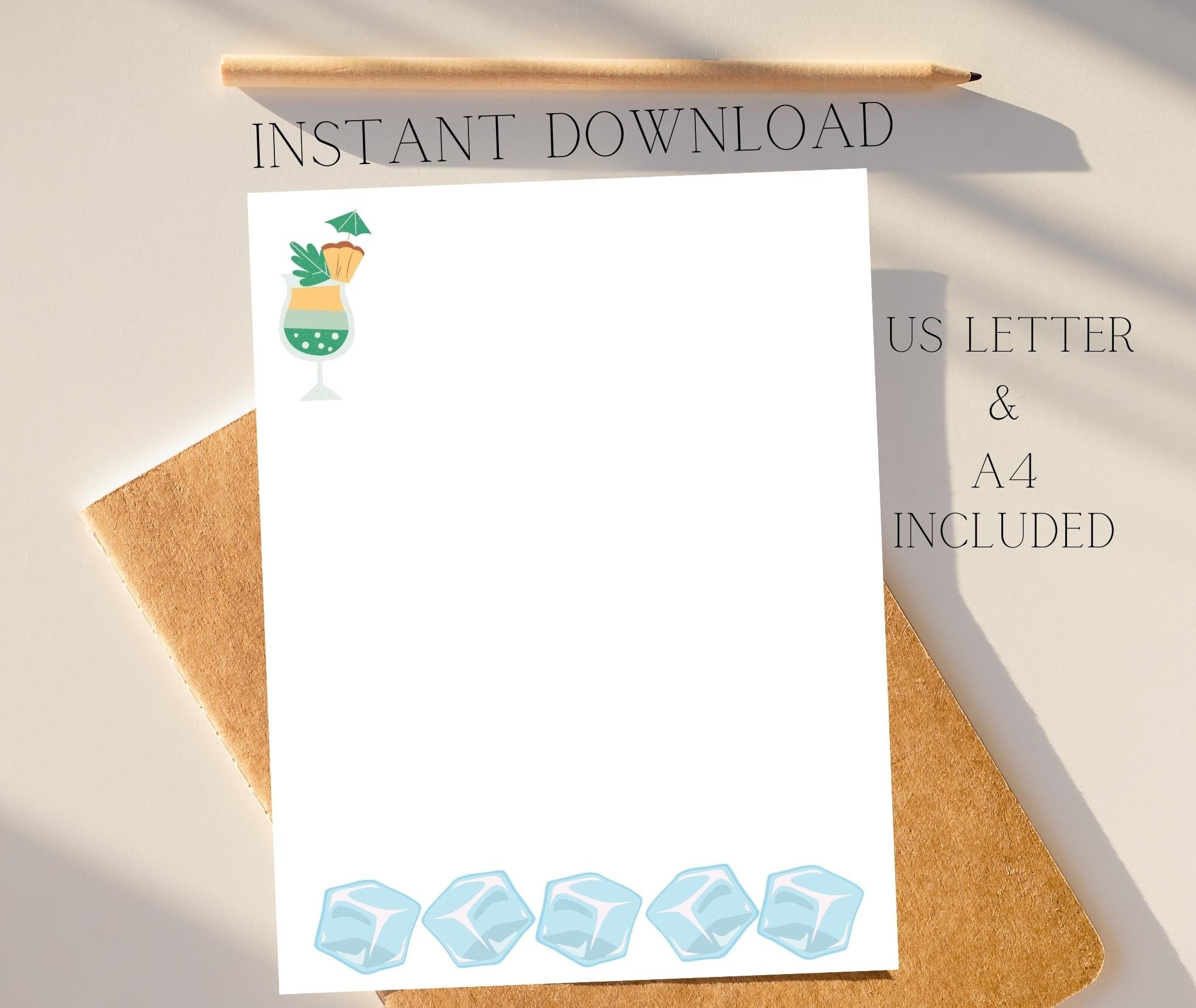 Cute Cocktail Stationary Lined Notepad Sheet 2 Page Instant Digital ...