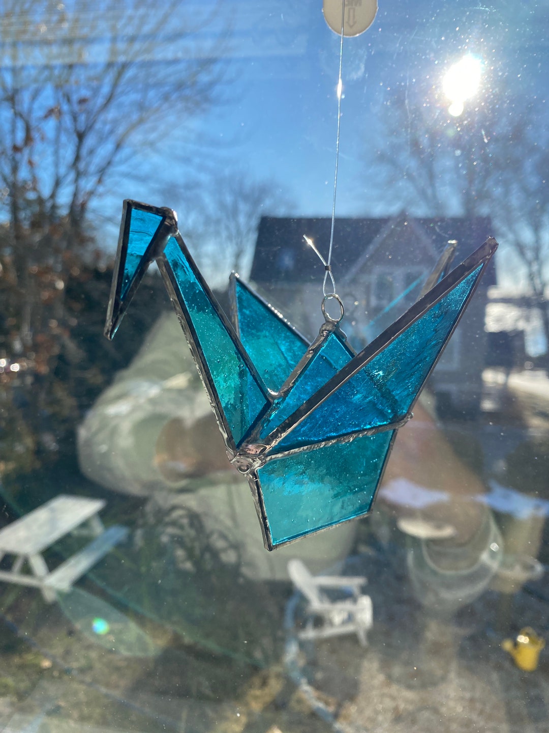 Stained Glass Hanging Origami Paper Crane Ornament, Light Blue, 5 X 4 X ...