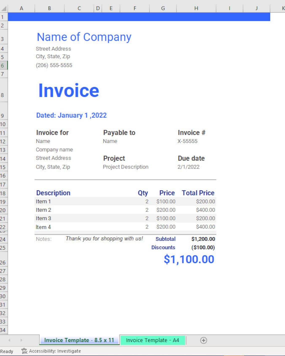 Printable Invoice Template - Excel/pdf - Etsy