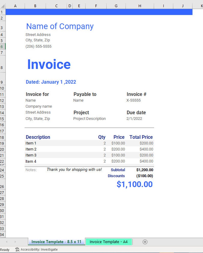 Printable Invoice Template - Excel/pdf - Etsy