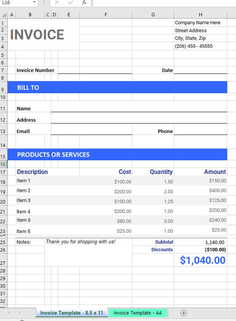 Printable Invoice Template - Excel/pdf - Etsy