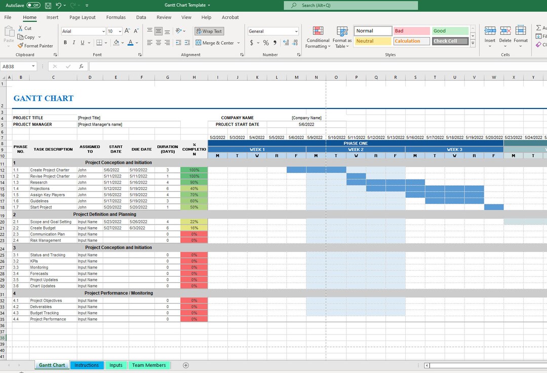Gantt Chart Template - Etsy