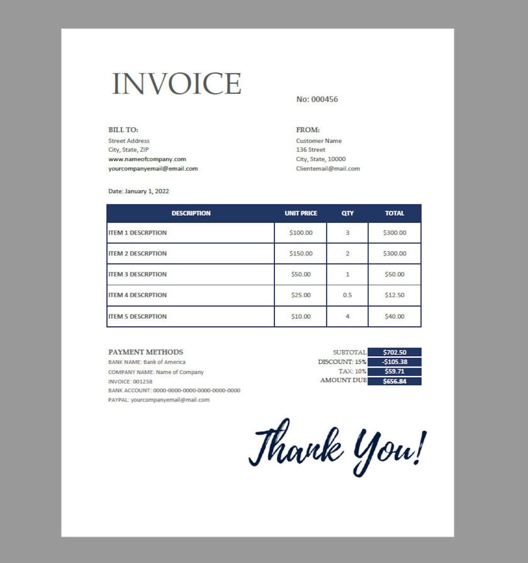 Printable Invoice Template - Excel/pdf - Etsy
