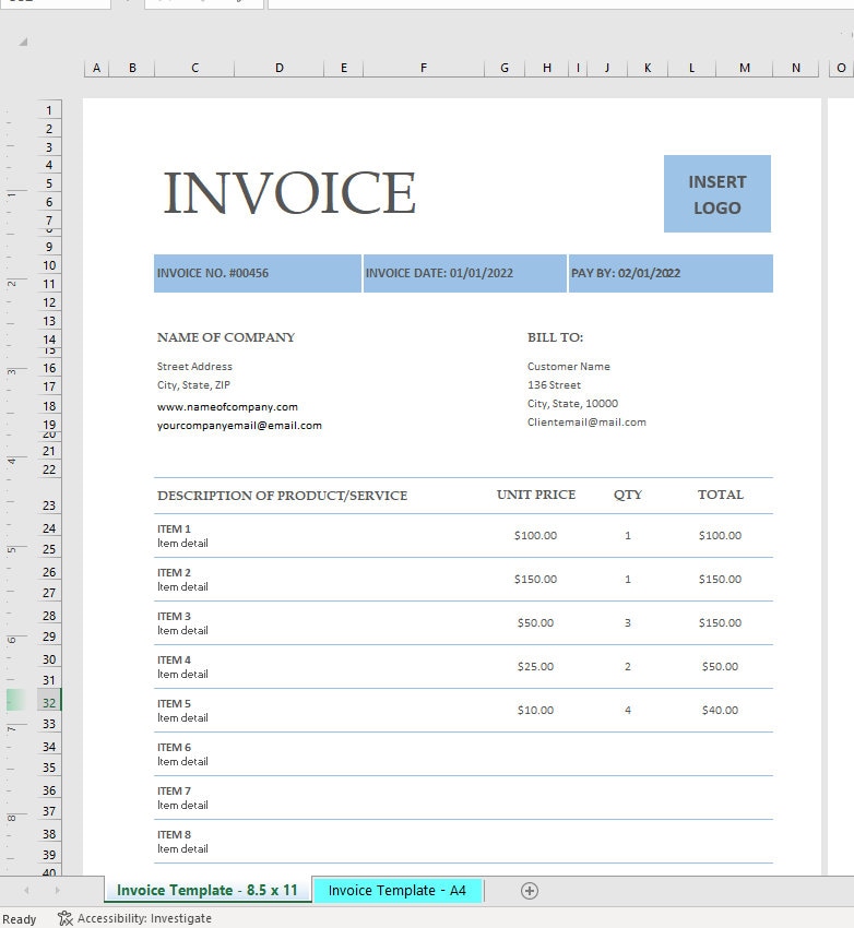 Printable Invoice Template Excel/pdf - Etsy