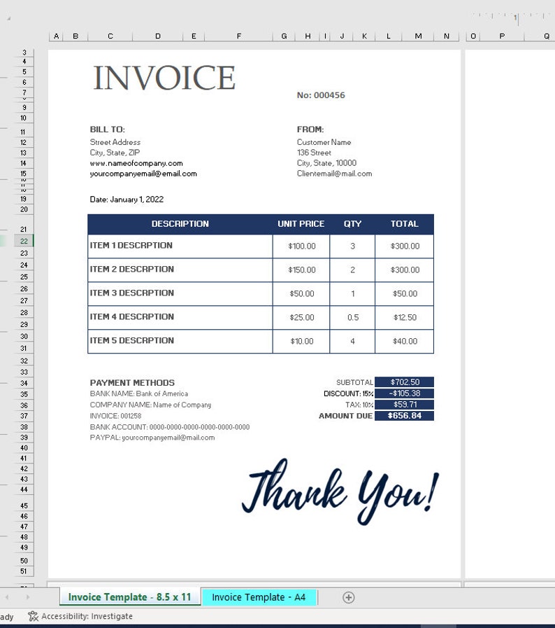 Printable Invoice Template - Excel/pdf - Etsy
