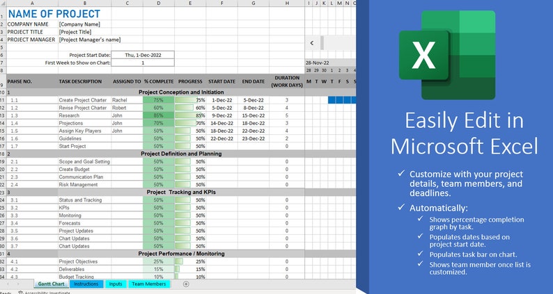 Gantt Chart Template (with Automated Features) - Etsy