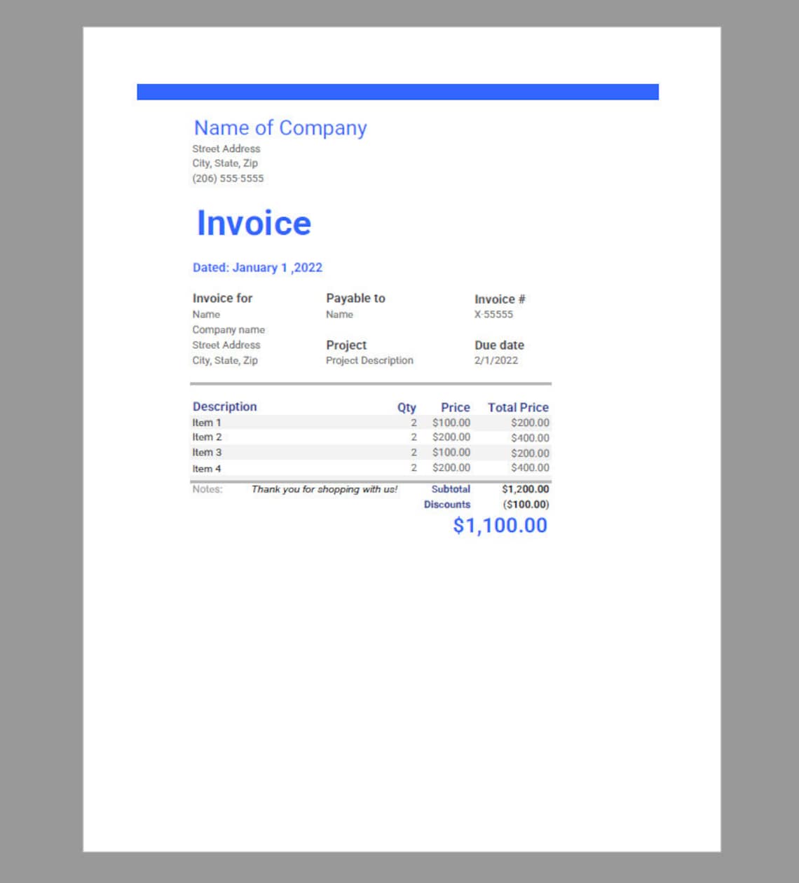 Printable Invoice Template - Excel/pdf - Etsy