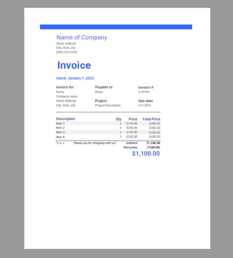 Printable Invoice Template - Excel/pdf - Etsy