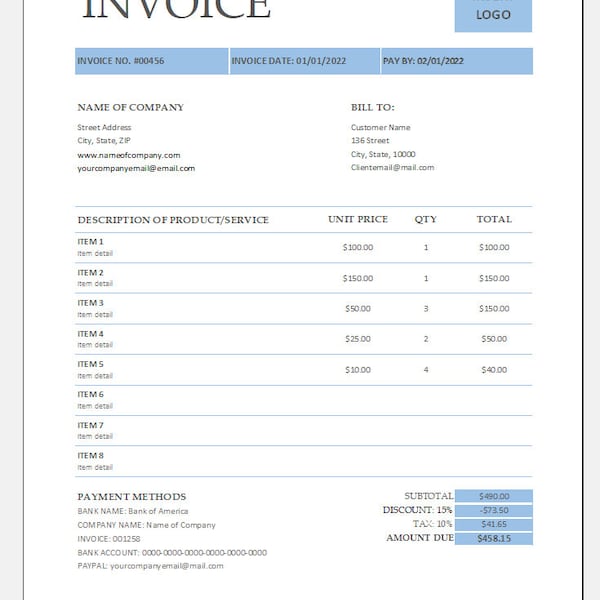 Invoice Template Excel - Etsy