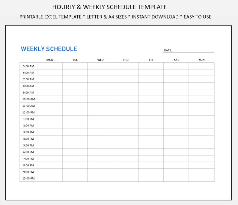 Hourly Weekly Schedule Template Excel - Etsy