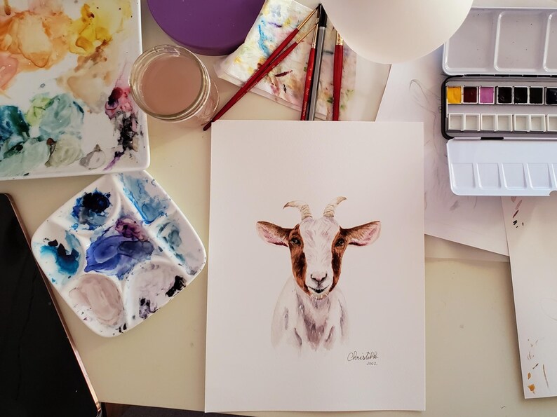 Goat Watercolor Painting: Original Animal Art (9x12", With Mat 11x14 ...