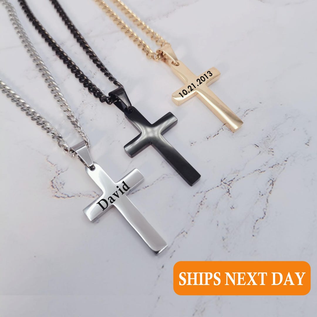 Custom Boys Cross Necklace, Engraved Chunky Cross Necklace, Cuban Chain ...