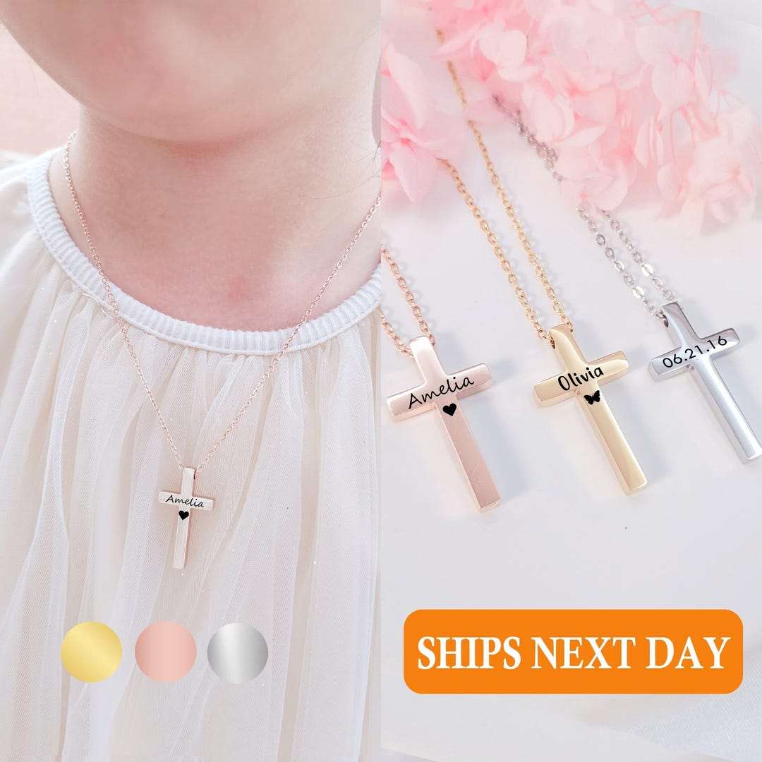 Custom Girls Cross Necklace, Personalized Engraved Kids Cross Necklace ...