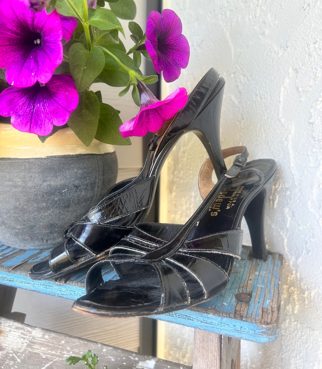1980s Black Slingback Sandals / 7.5 Narrow / Patent Leather 3.5” Heels ...