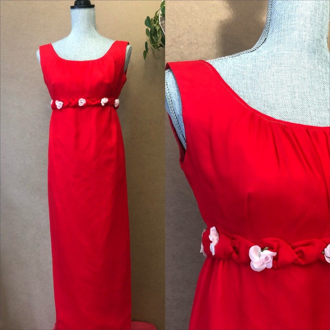 1960s Red Dress W/ Rosette Detail / 26” Waist / XS - Small / Empire ...