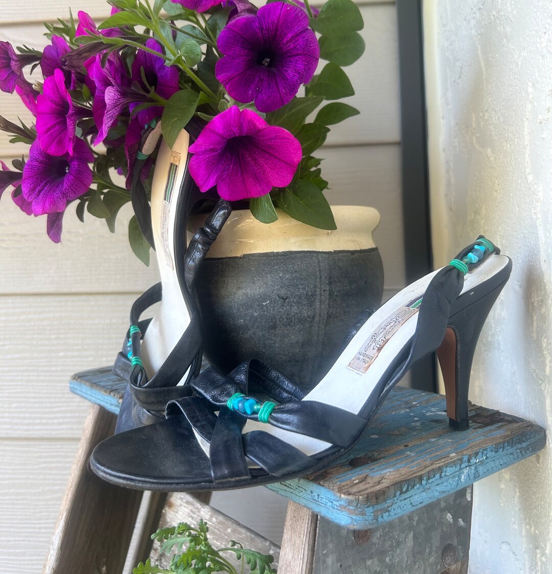 1980s Arnold Churgin Leather Sandals, Turquoise Beaded Slingback, Made ...