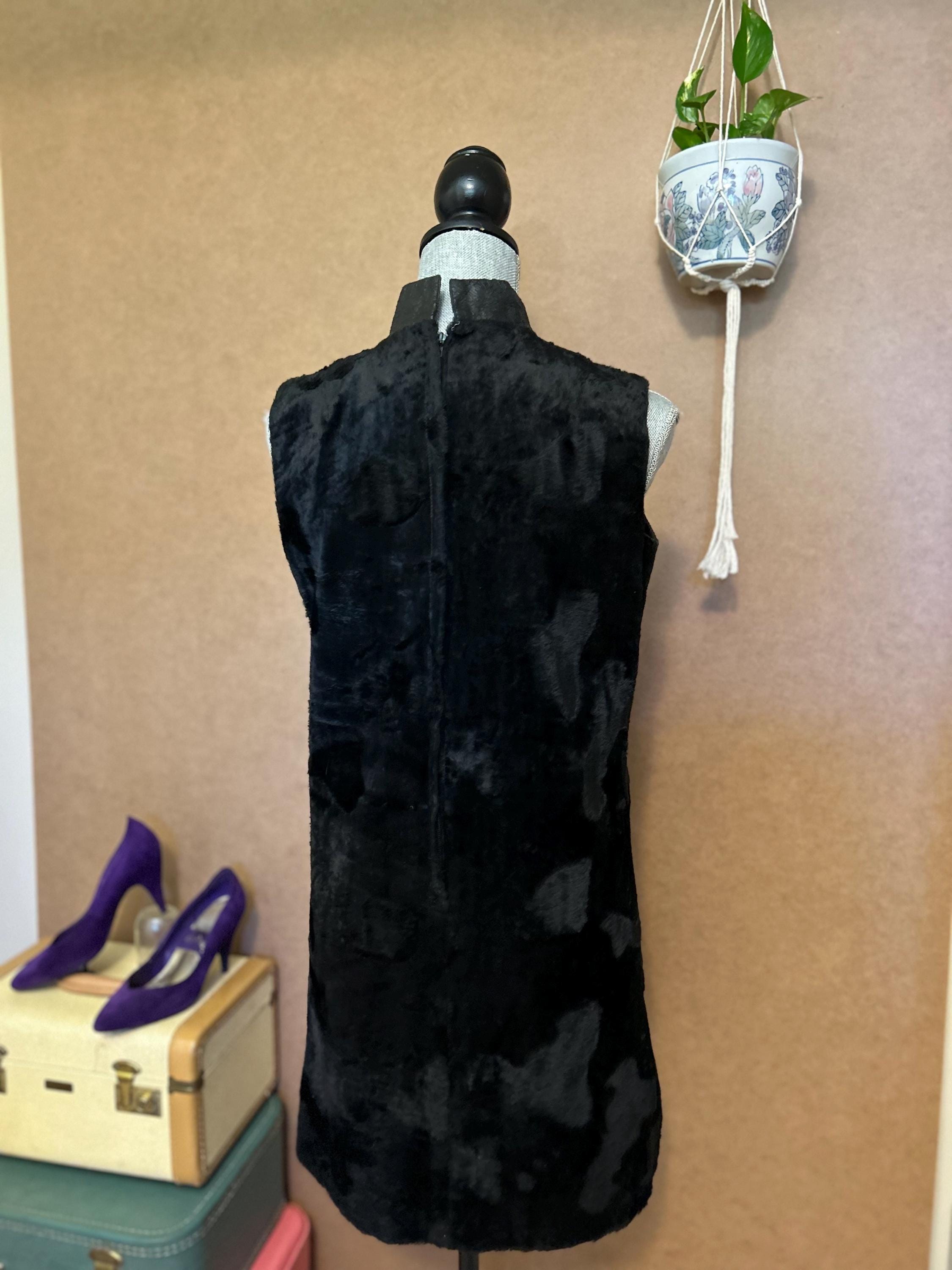 1960s Faux Fur and Leather Gogo Dress / Medium / Vintage Black Mini ...