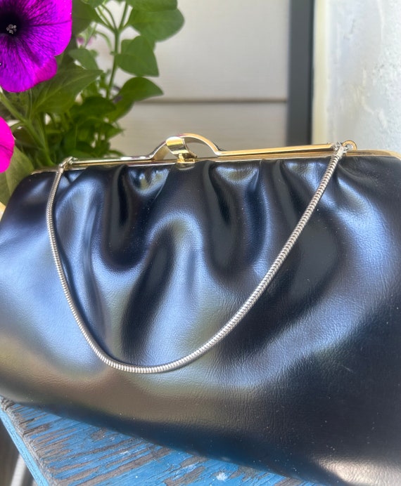 1980 Black Faux Leather Clutch / Vintage Wristlet Pou… - Gem