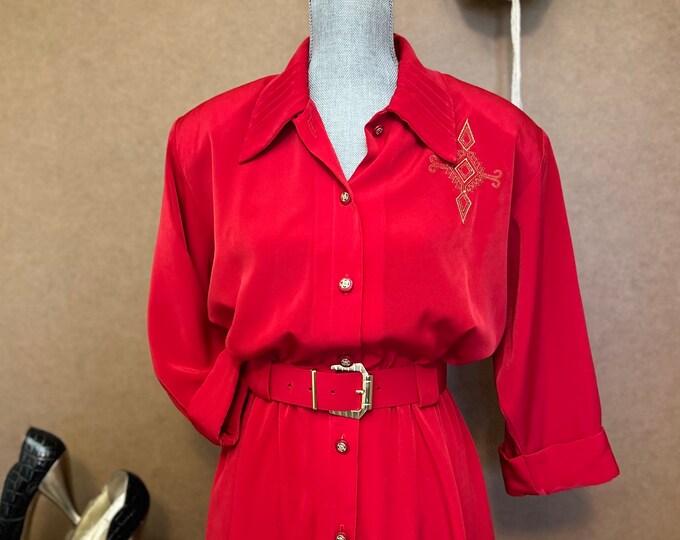 1980s Red Belted Dress / Medium-large / Vintage Crimson and Gold Dress ...