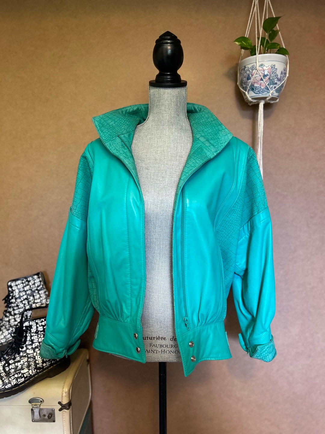 1980s Kelly Green Leather Jacket / Medium / Croc Textured Bomber Jacket ...