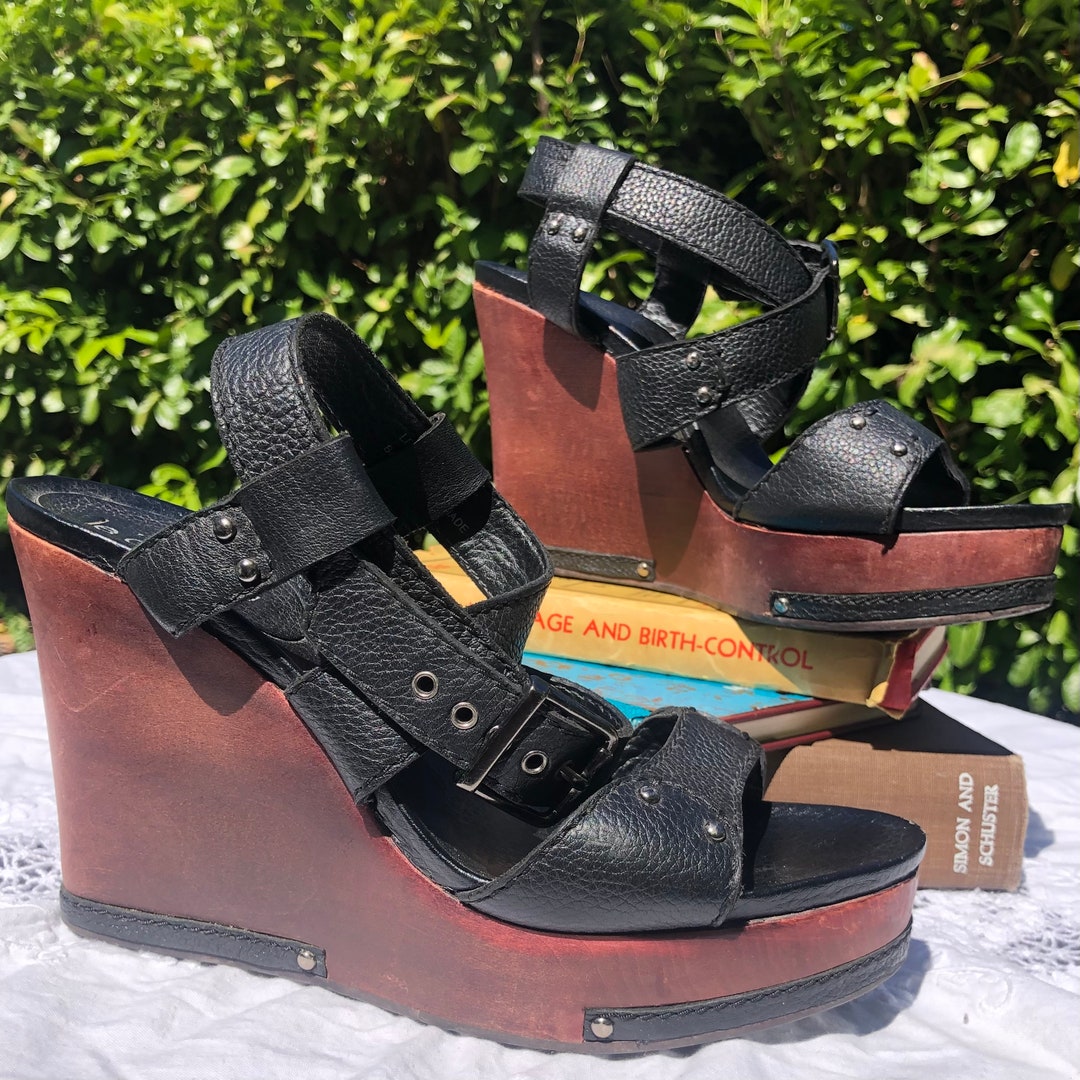 1990s Wood Wedge Platforms / Size 8 / Vintage Shoes / Strappy Sandals ...