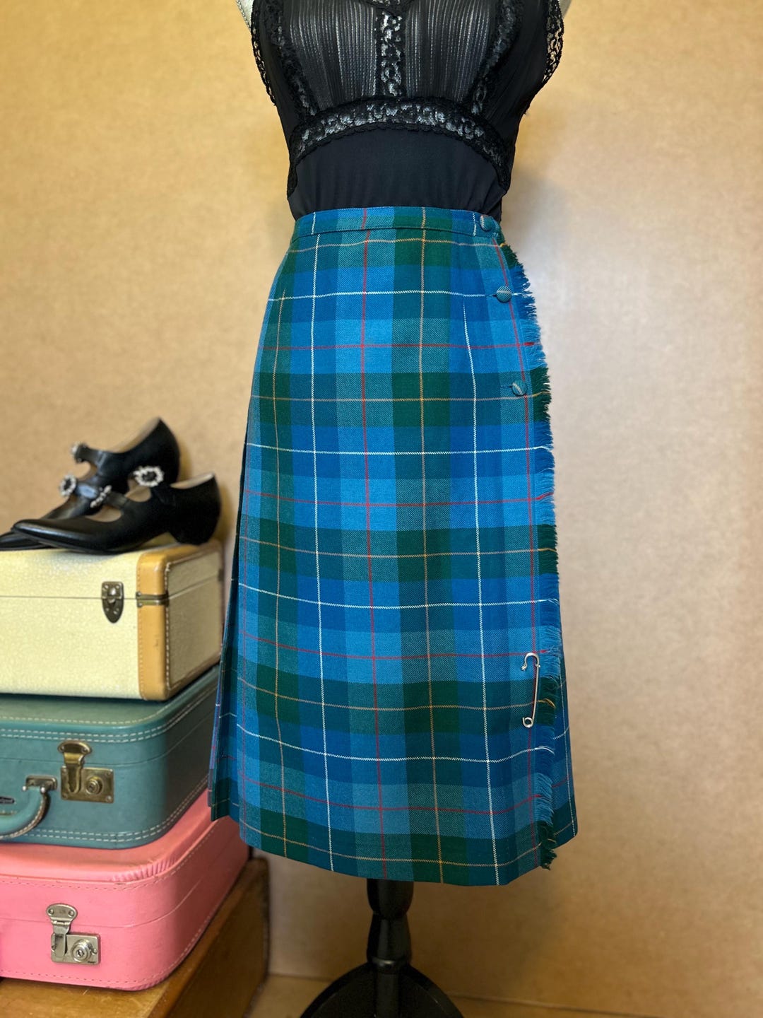 1970s Wool Kilt / Medium / Vintage Plaid / Teal Green / Academic Chic ...