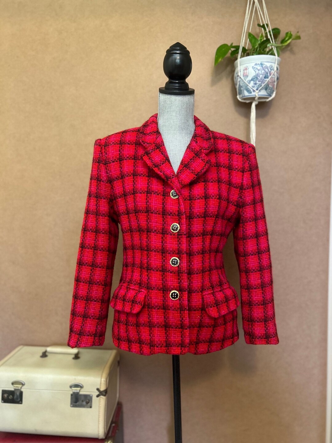 90s Red Plaid Blazer / Medium / Vintage Textured Jacket With Pockets ...