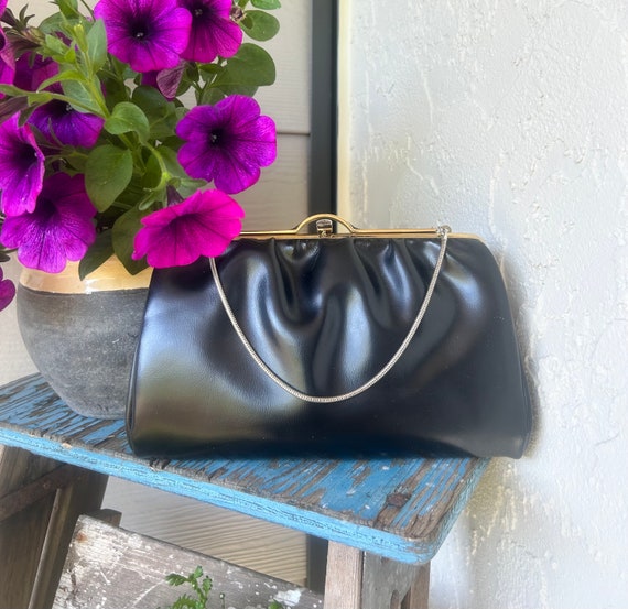 1980 Black Faux Leather Clutch / Vintage Wristlet Pou… - Gem
