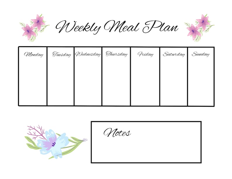 Floral Weekly Meal Plan - Flower Weekly Meal Menu - Meal Planner ...