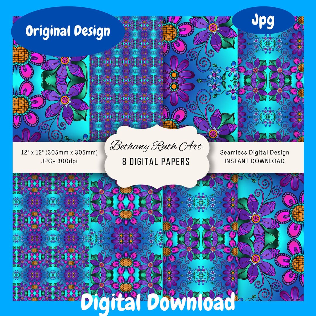 Blue Floral Digital Paper Seamless Patterns (JPG Download, Commercial ...