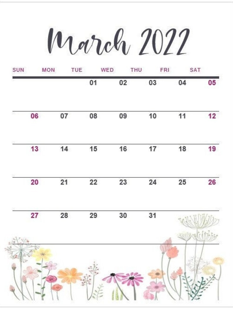 March 2022 Calendar Printable - Etsy