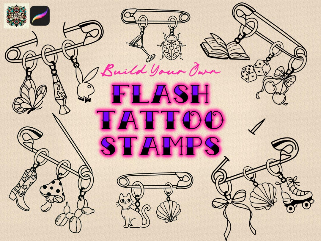 Safety Pin Charms Flash Tattoo Stamps: Procreate Brushes (digital ...