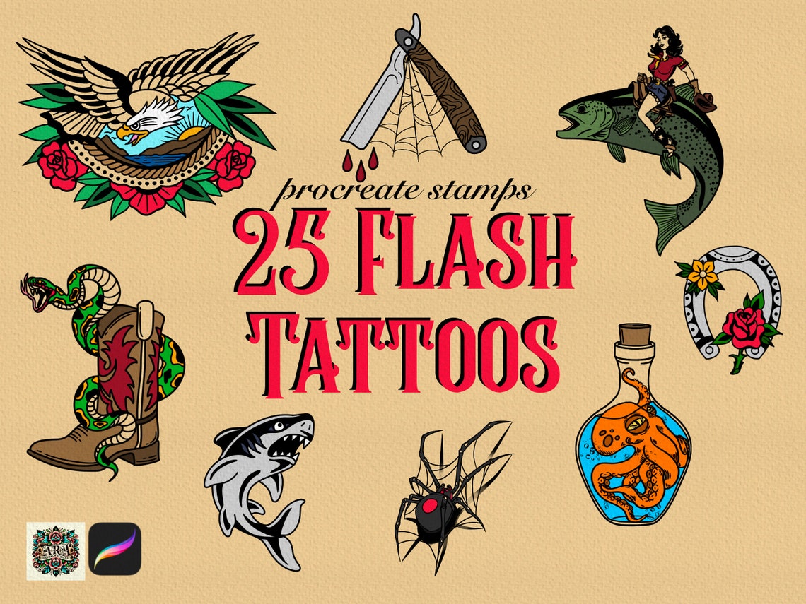 25 Flash Tattoo Stamps: Procreate Tattoo Brushes (digital Download) - Etsy