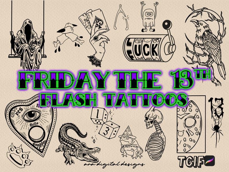 30 Friday the 13th Flash Tattoos Spooky Stamps Procreate Tattoo Stamps ...