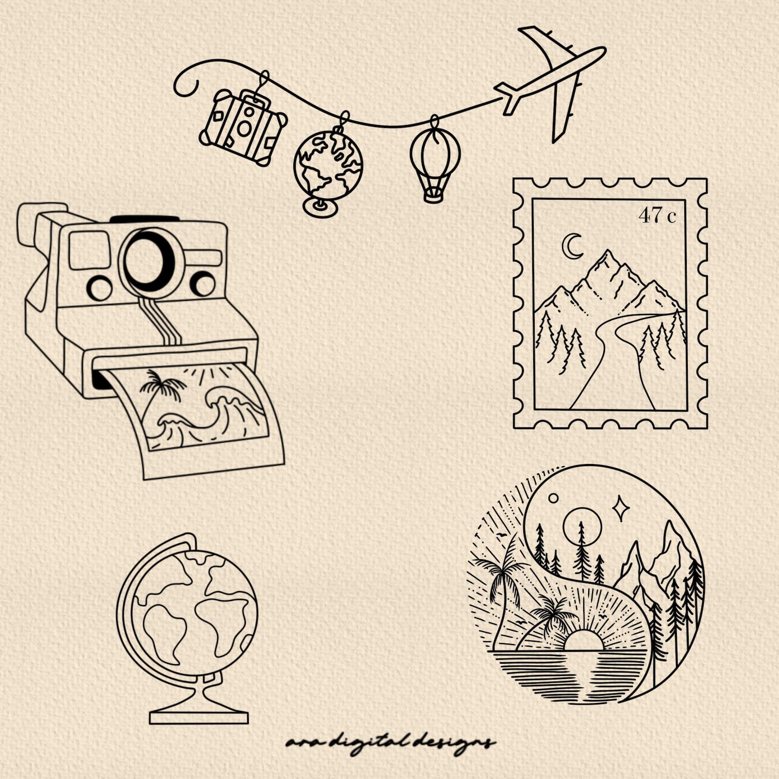 20 Travel Tattoo Stamps: Flash Procreate Brushes (digital Download) - Etsy