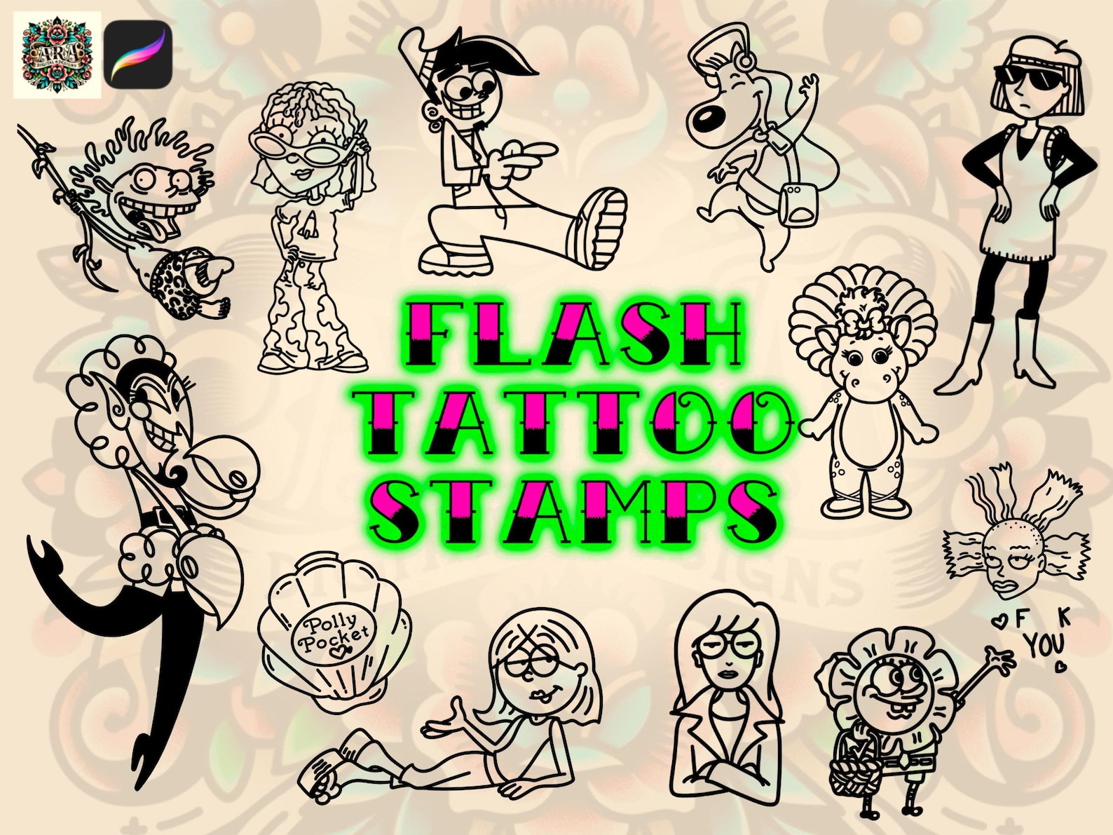 20 90’s Cartoon Flash Tattoos Stamps Procreate Tattoo Stamps Brushes - Etsy