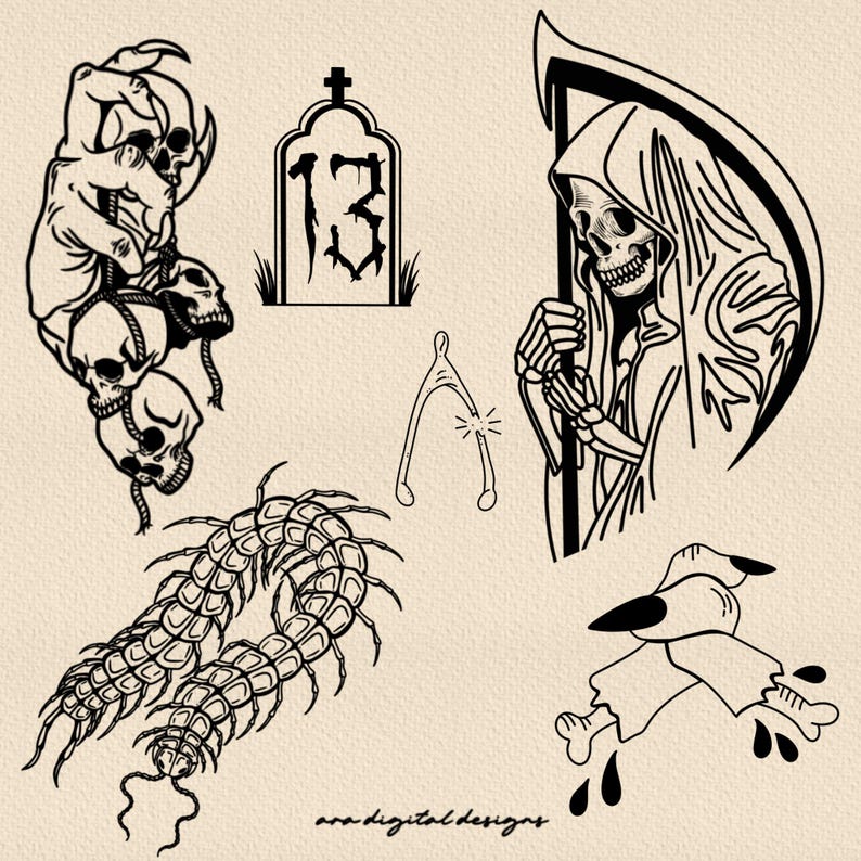 30 Friday the 13th Flash Tattoos Spooky Stamps Procreate Tattoo Stamps ...