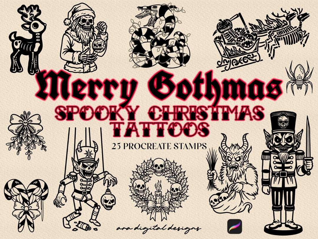 Merry Gothmas! 25 Spooky Christmas Flash Tattoo Procreate Stamp Brush ...