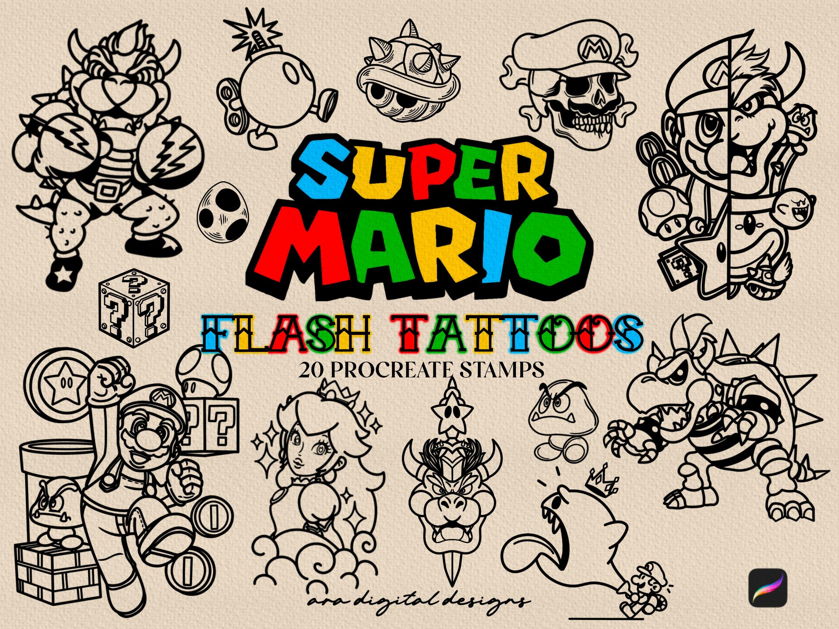 20 Super Mario Bros Flash Tattoos Stamps Procreate Tattoo Stamps ...