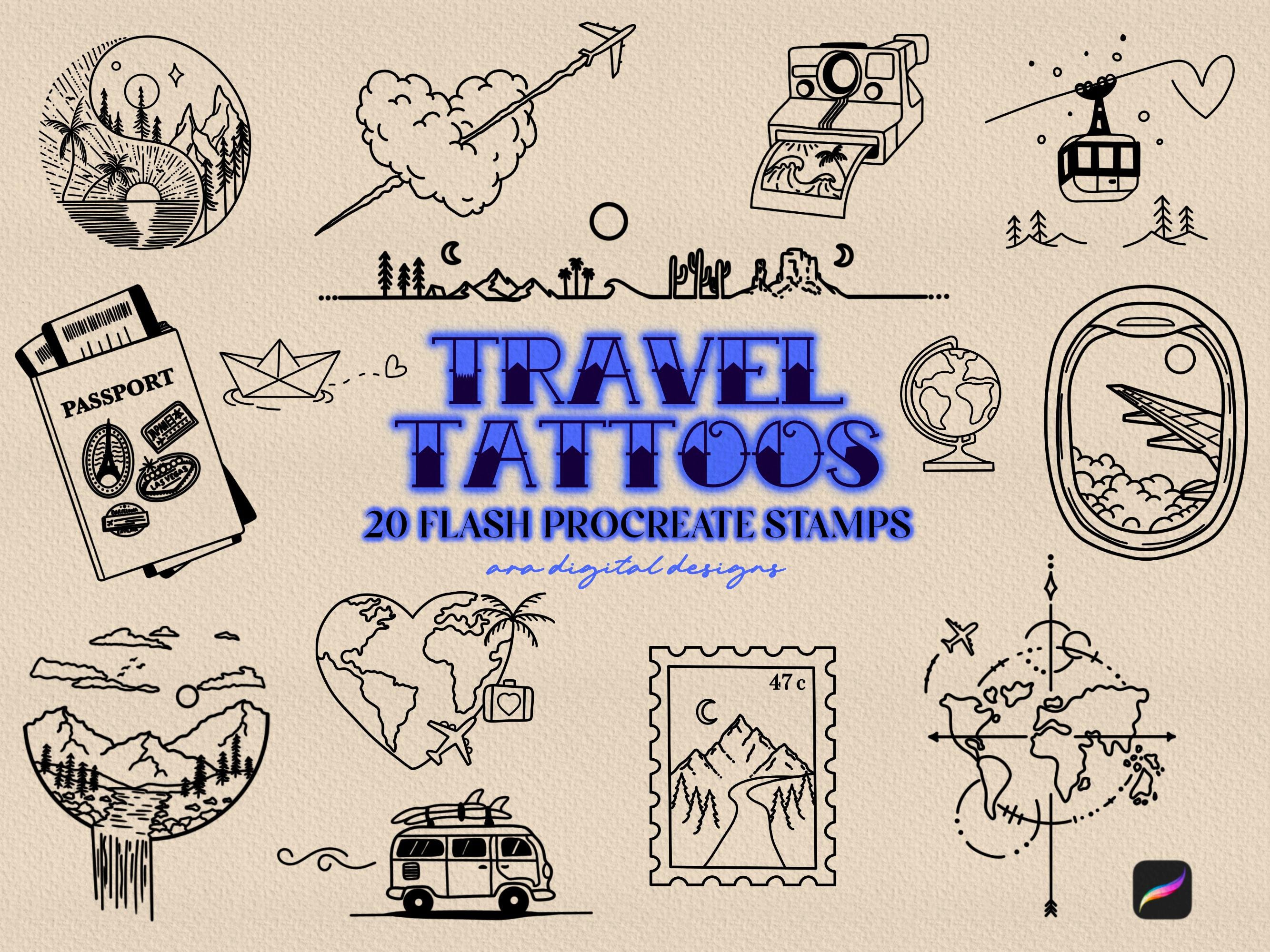 20 Travel Tattoo Stamps: Flash Procreate Brushes (digital Download) - Etsy