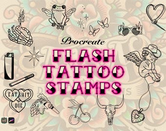 25 Cottagecore Flash Tattoo Procreate Brushes Procreate Stamps Patchwork Tattoos Frog Tattoo ...